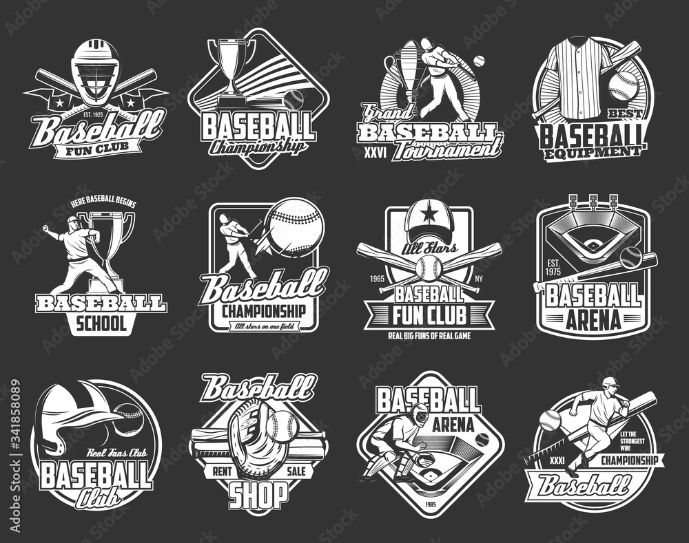 Baseball championship cup and sport fan club vector icons. Softball ...