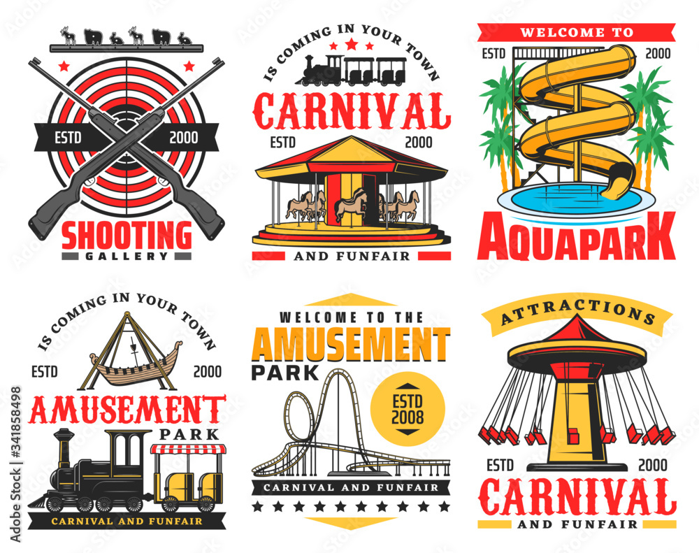 Amusement park vector icons, funfair carnival and aquapark. Family and ...