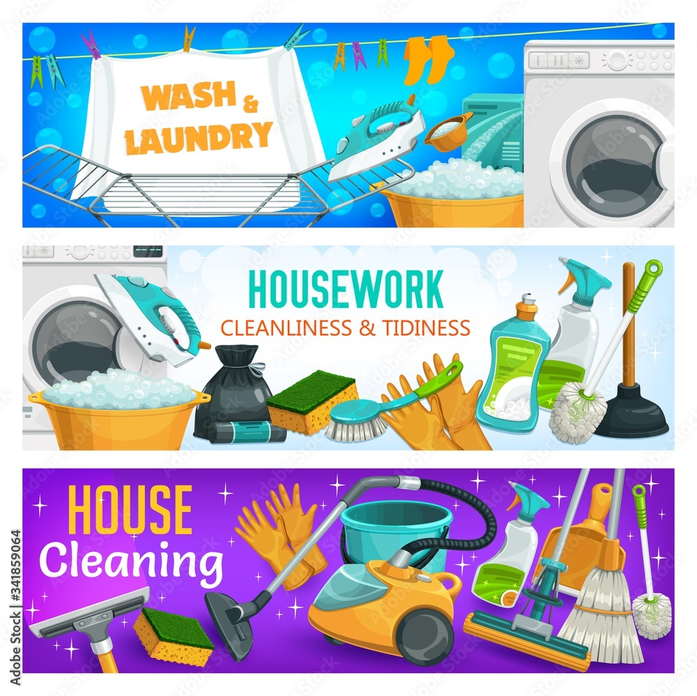 House cleaning, laundry and home washing, vector housework banners ...