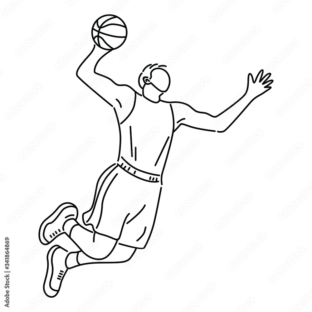 Basketball player dunking graphic vector. Line art vector illustration ...