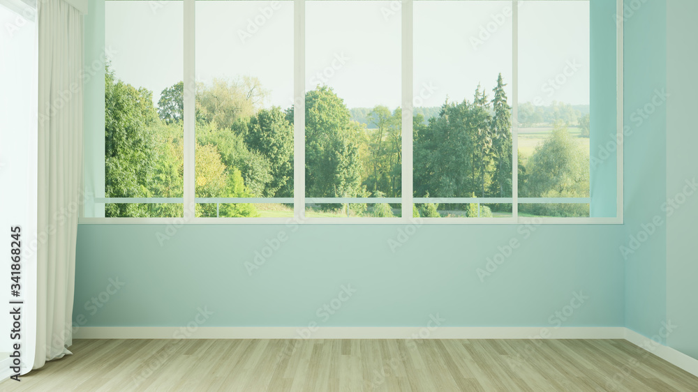 Light blue empty room and forest view for residential business. Relax ...