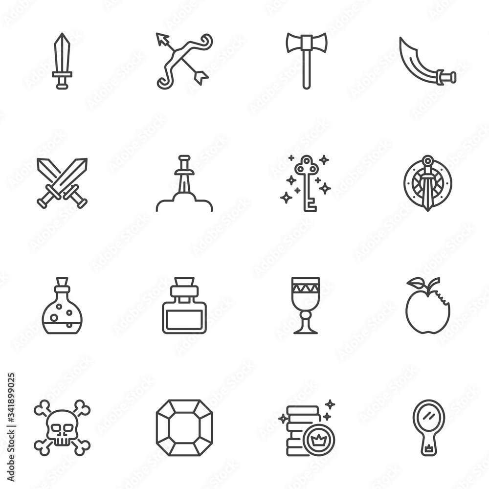 Fairytale line icons set, fantasy outline vector symbol collection ...