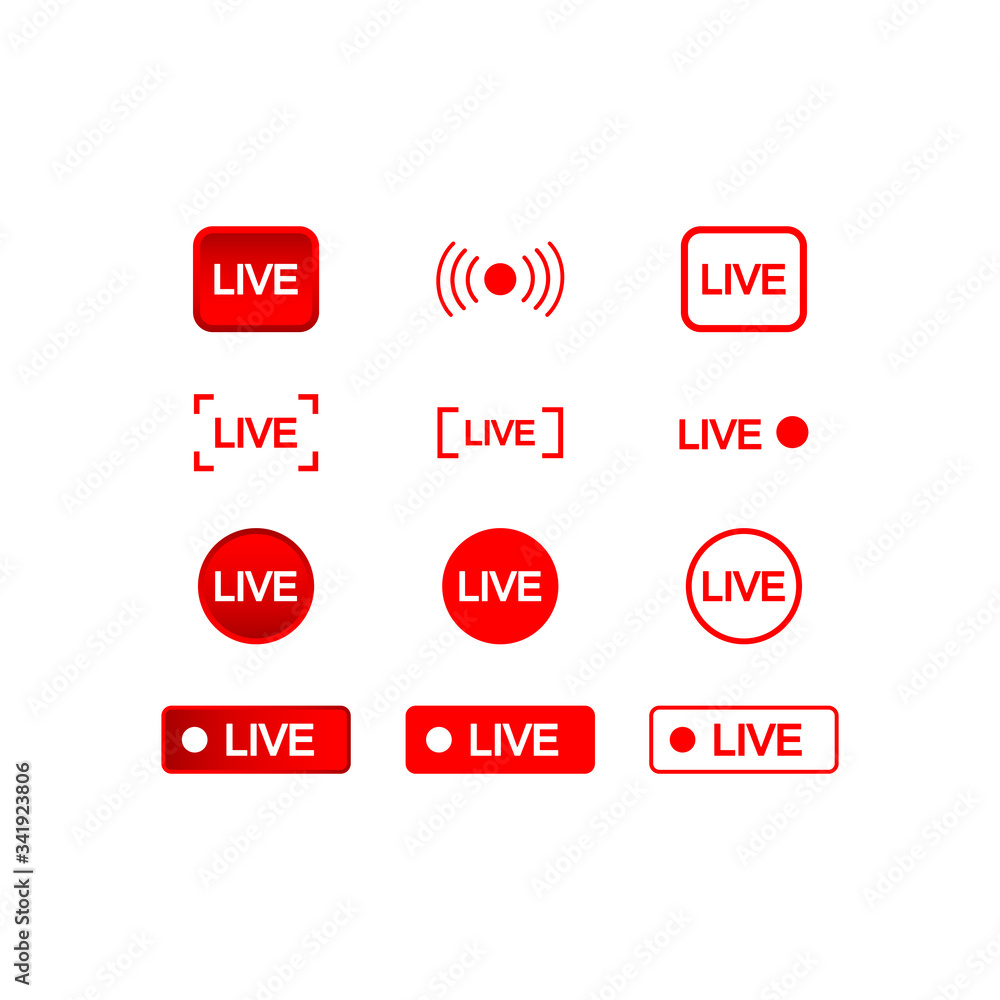 Live buttons red and white icon set, social media consept on an ...