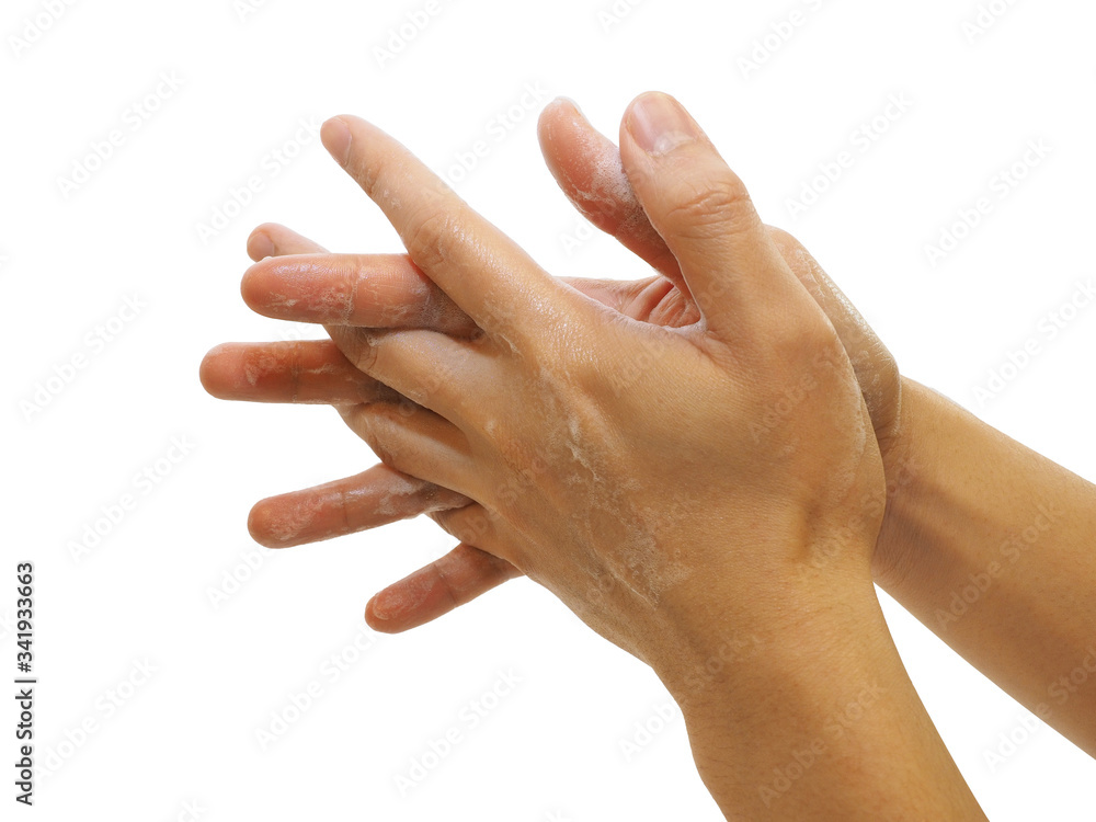proper hand washing soapy fingers clasped together thumbs on top of ...