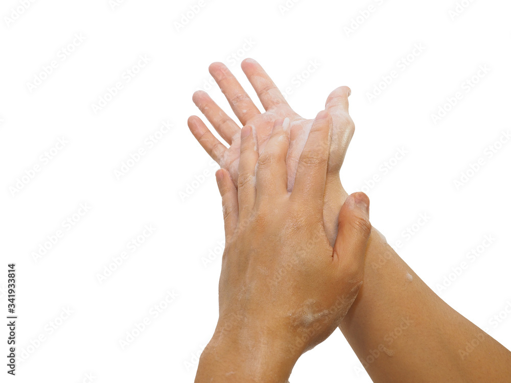 proper hand washing right palm open soapy hands, left hand holding ...