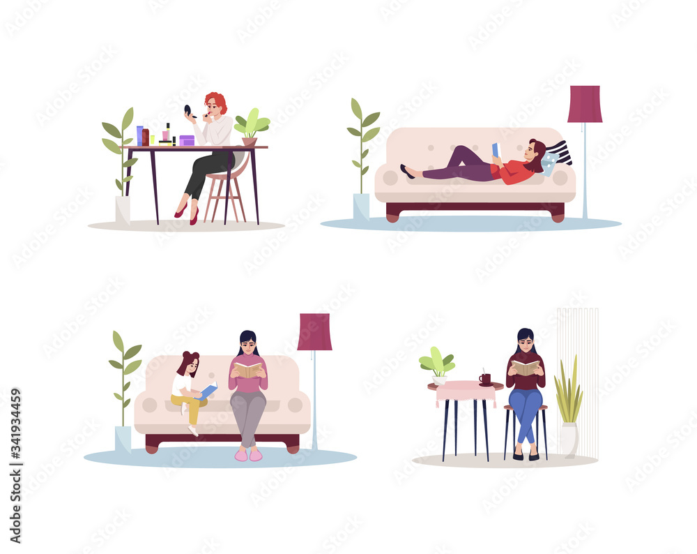 Female home activity semi flat RGB color vector illustration set Stock ...