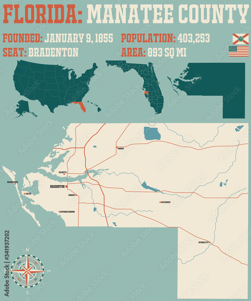 Large and detailed map of Manatee county in Florida, USA. Stock Vector ...