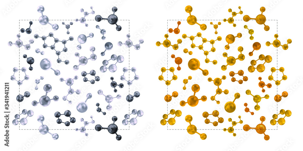 Seamless texture of molecules and atoms. Pattern. Gold and silver ...