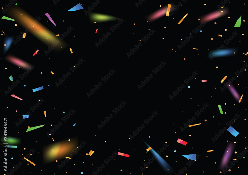 Black blank party template background with colorful rainbow confetti ...
