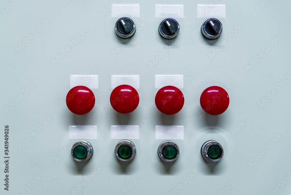 Control panel with red and black buttons. Equipment start and shutdown ...