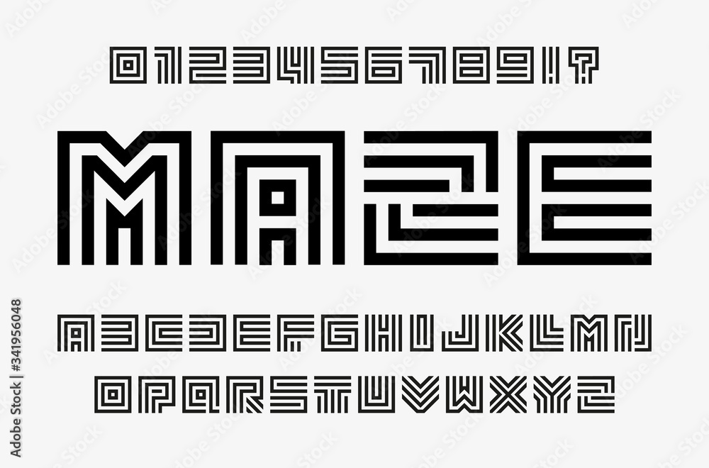 Linear labyrinth letters and numbers set. Line maze style alphabet ...