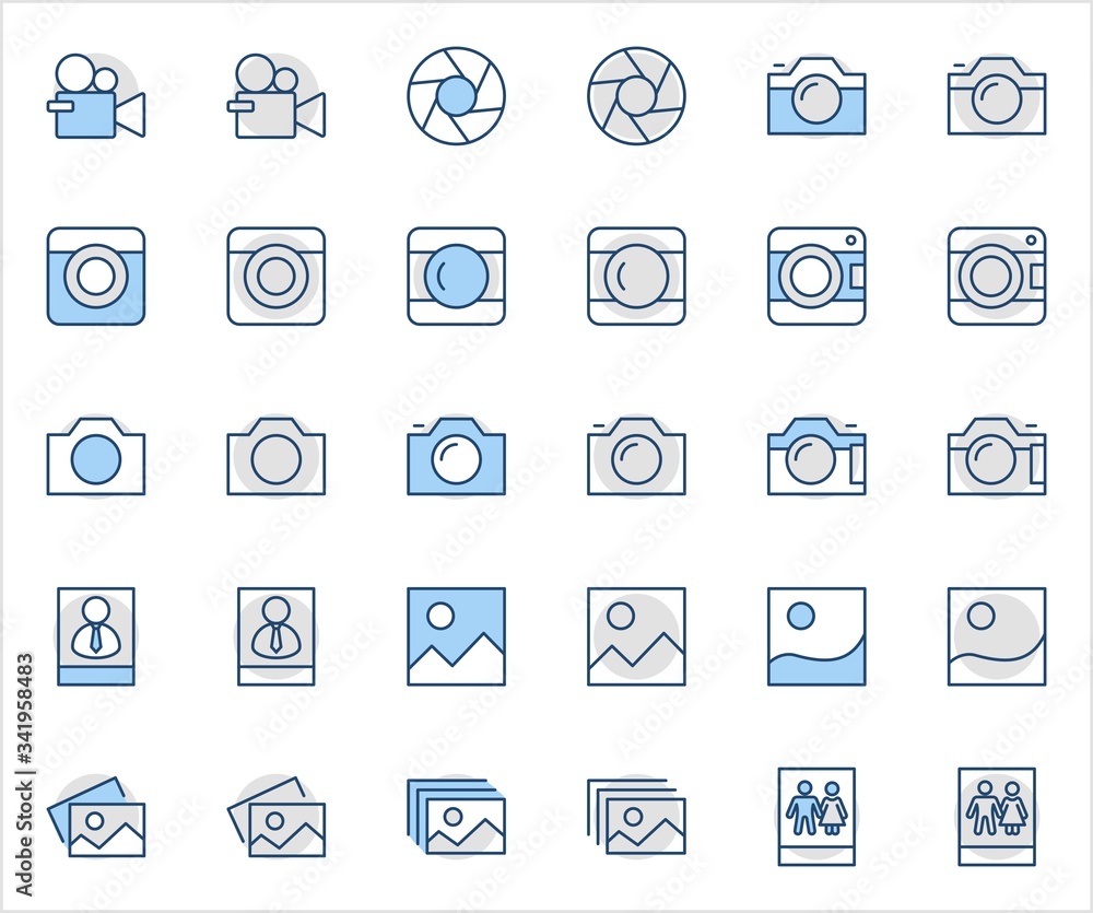 Set of Cameras and photo, vector line icons. Contains symbols of ...