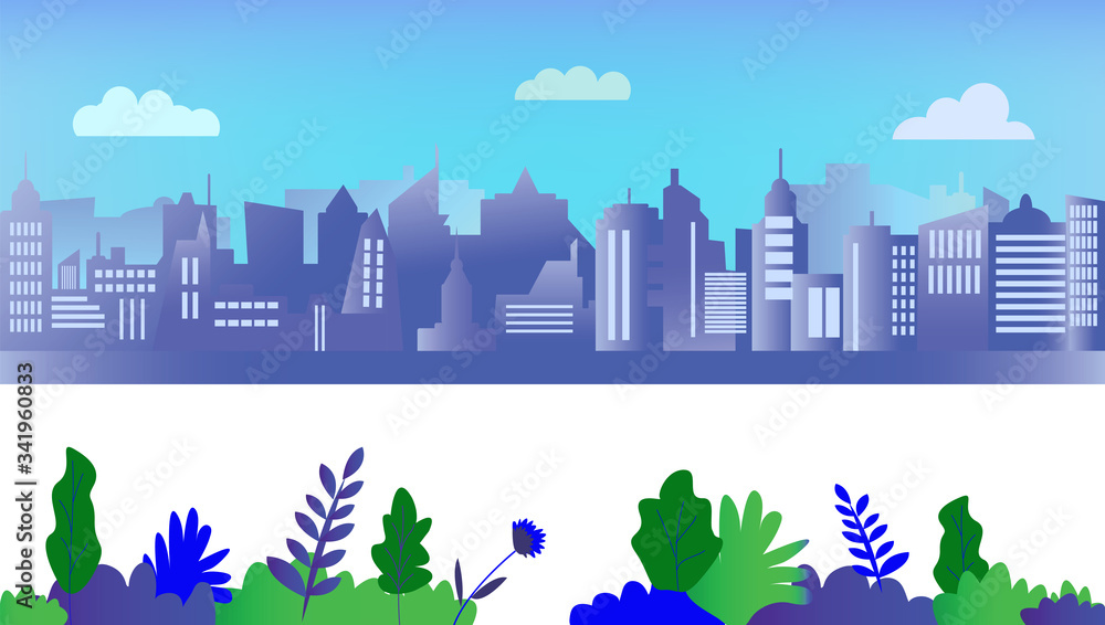 Elements set for city landscape with big building and urban plants ...