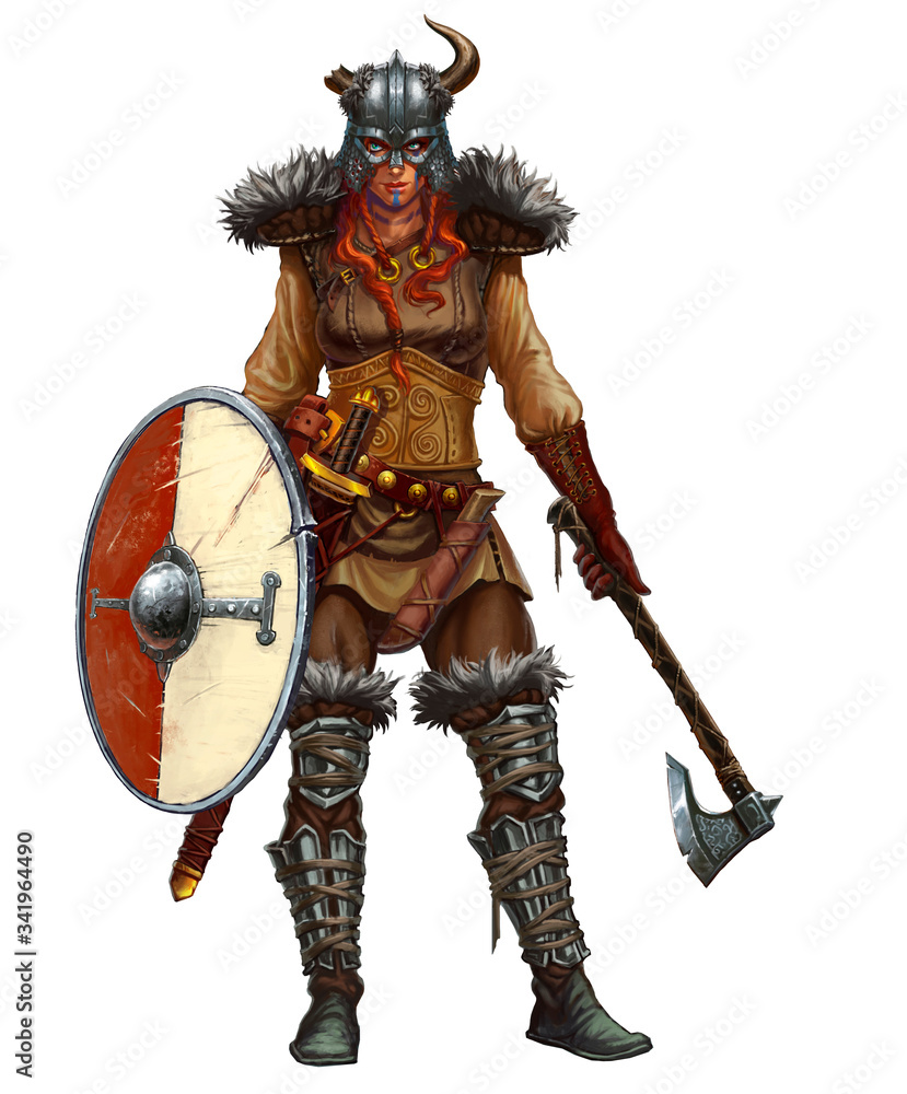Girl viking fighter with sword and ax and shield and red hair smiling ...