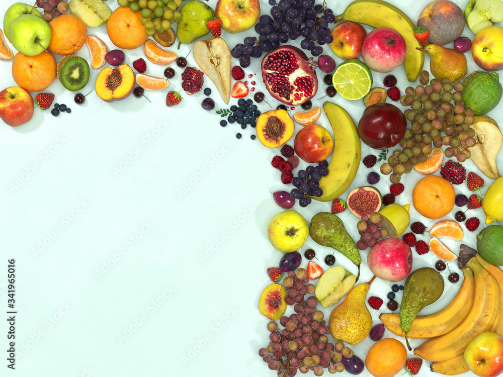 Fruits on a blue table, background concept and creative layout. Flat ...