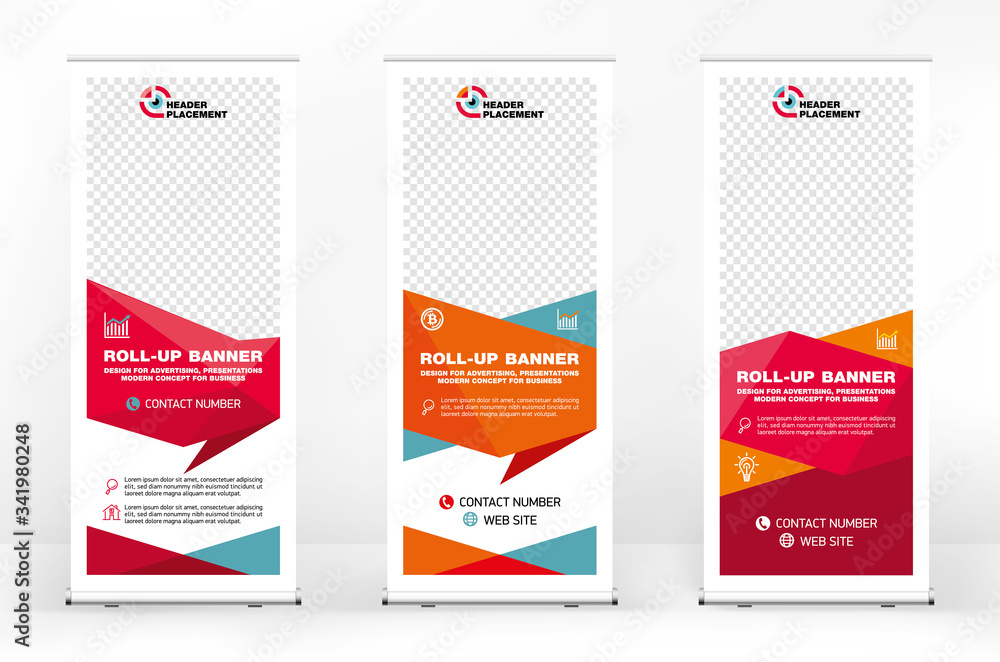 Set of different design options for advertising banners roll-up, modern ...