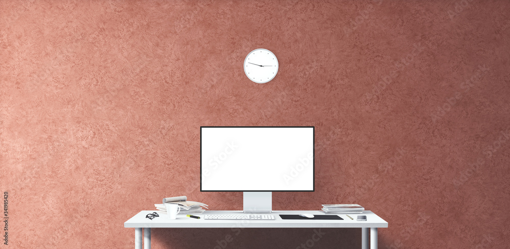 New computer display and office tools on desk. Blank desktop computer ...
