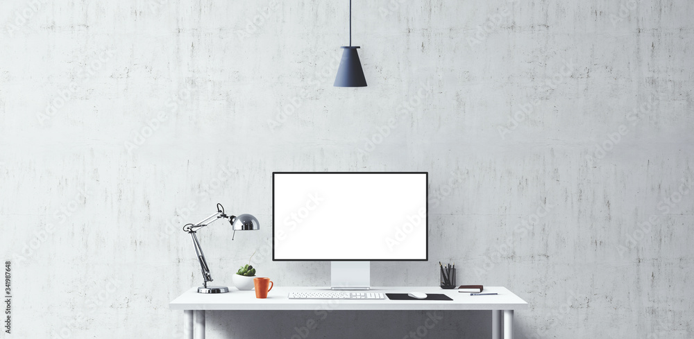 New computer display and office tools on desk. Blank desktop computer ...