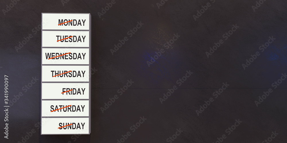 The days of week in a lighted box with concrete background and empty ...