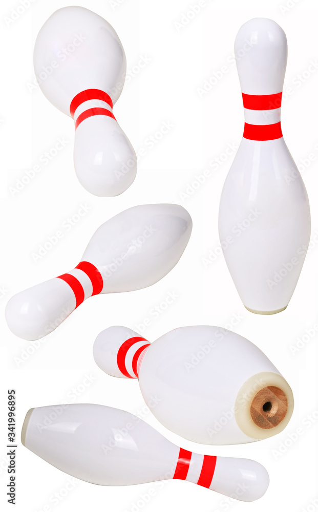 Bowling pins scattered on a white background in different angles Stock ...
