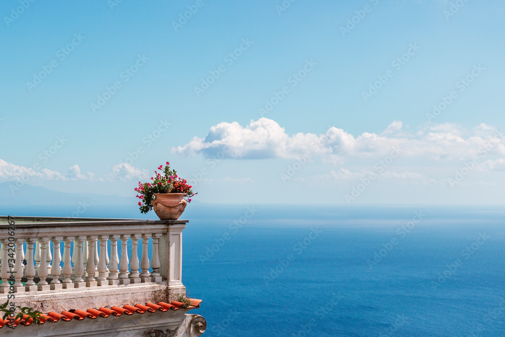 A stunning view over the Amalfi Coast in Italy. A terrace overlooking ...