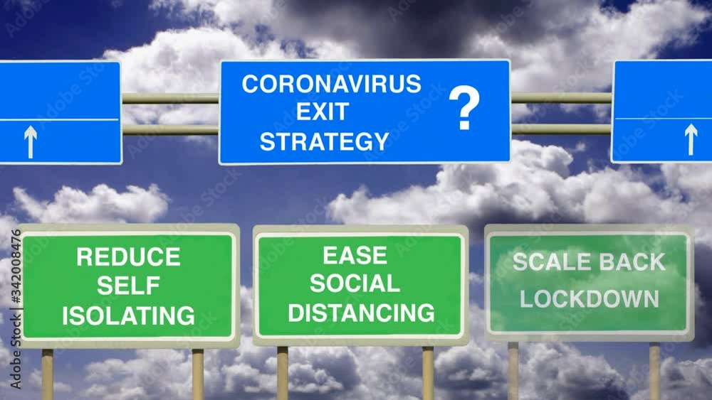 Coronavirus Covid-19 Exit Strategy road signs with a question mark and ...