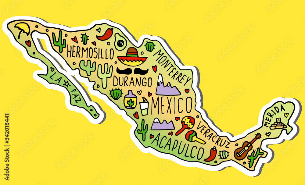 Colored sticker of Hand drawn doodle Mexico map. Mexican city names ...