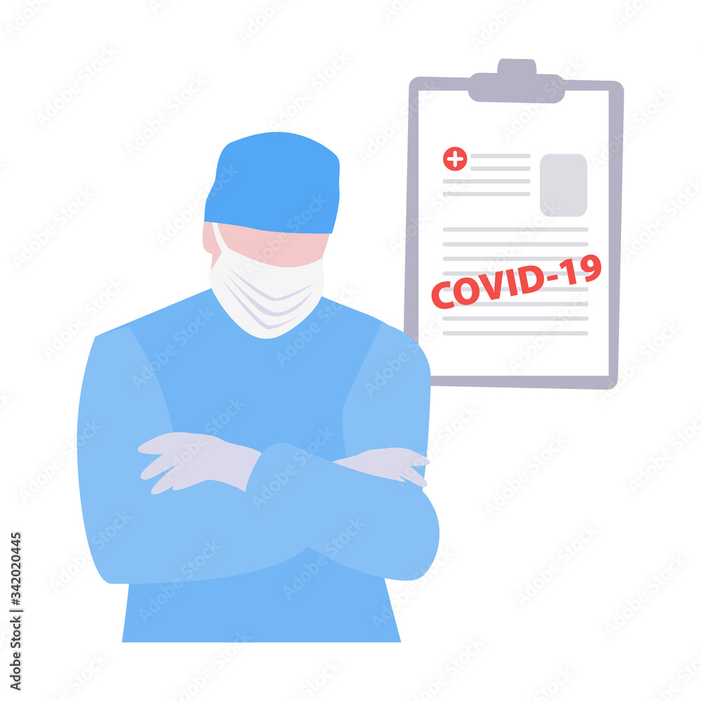 Vector illustration of doctor or nurse in mask with cross hands on ...