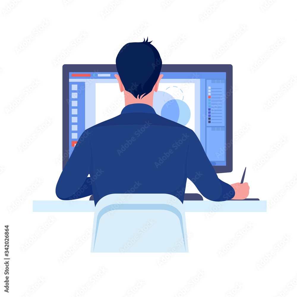 Computer graphics designer work on desk in office concept. Vector Stock ...