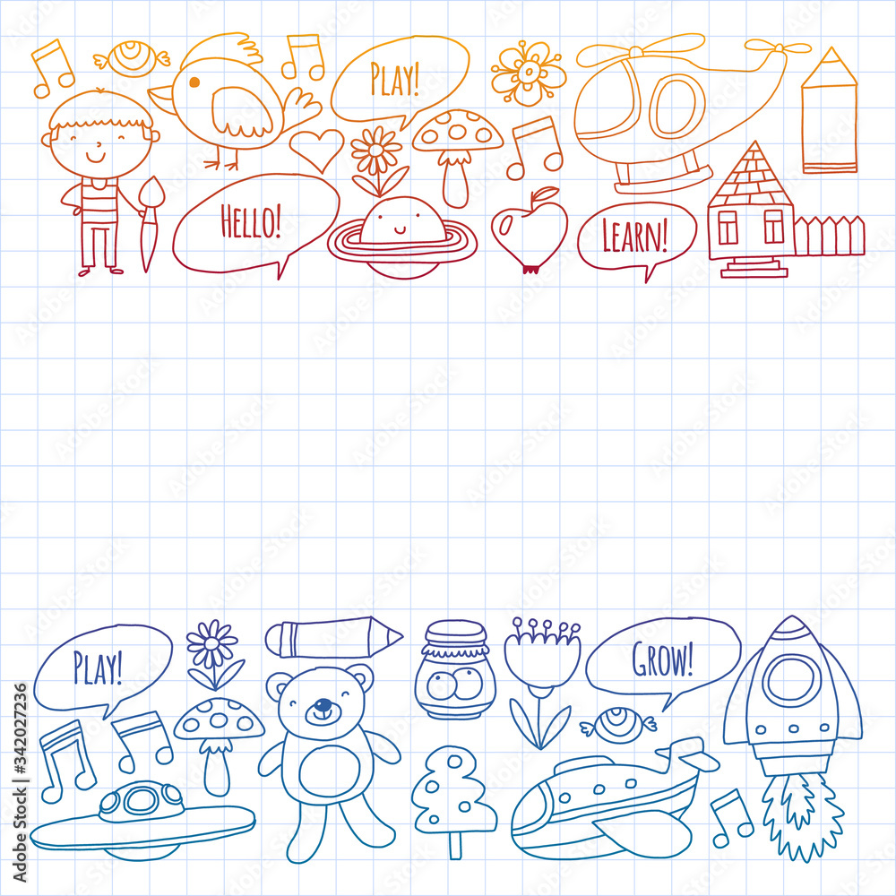 Vector pattern with little children. Kindergarten, play and grow ...