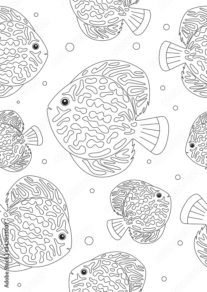 Seamless pattern or coloring page with discus fish for adults, outline ...