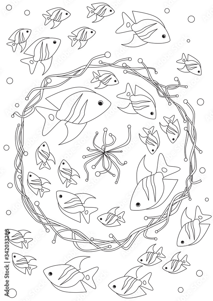 Coloring page with fish and corals on a white background for printing ...