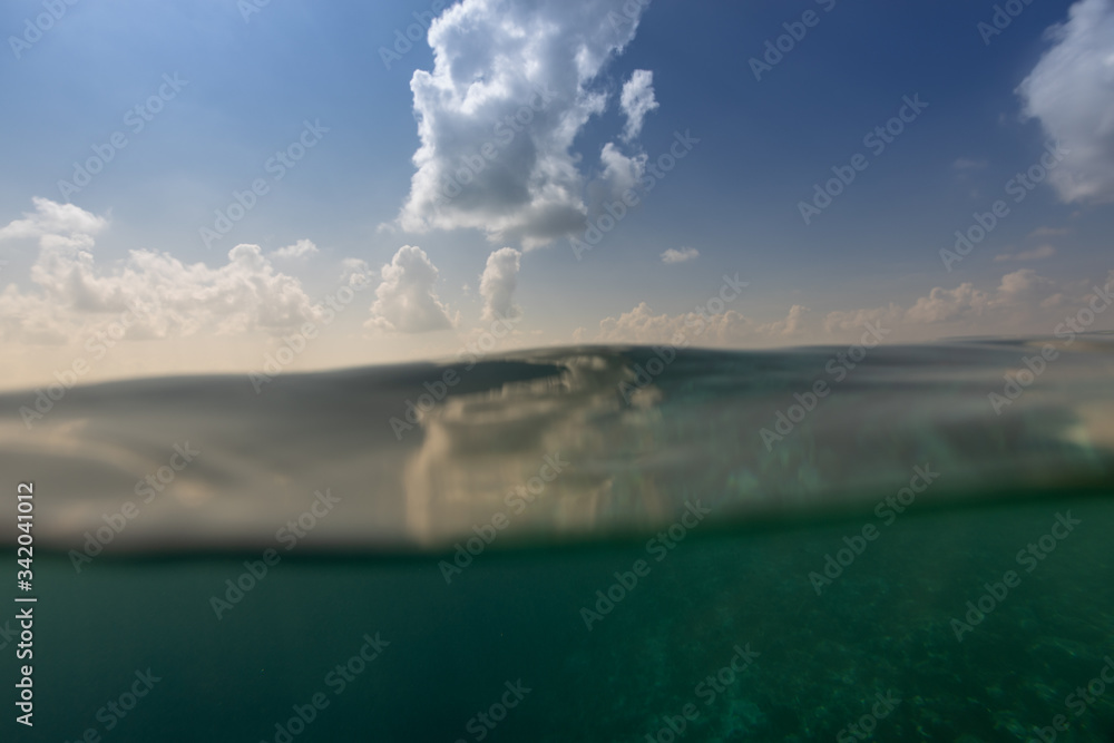 Underwater tropical coral reef splitted by cloudy sky waterline ...