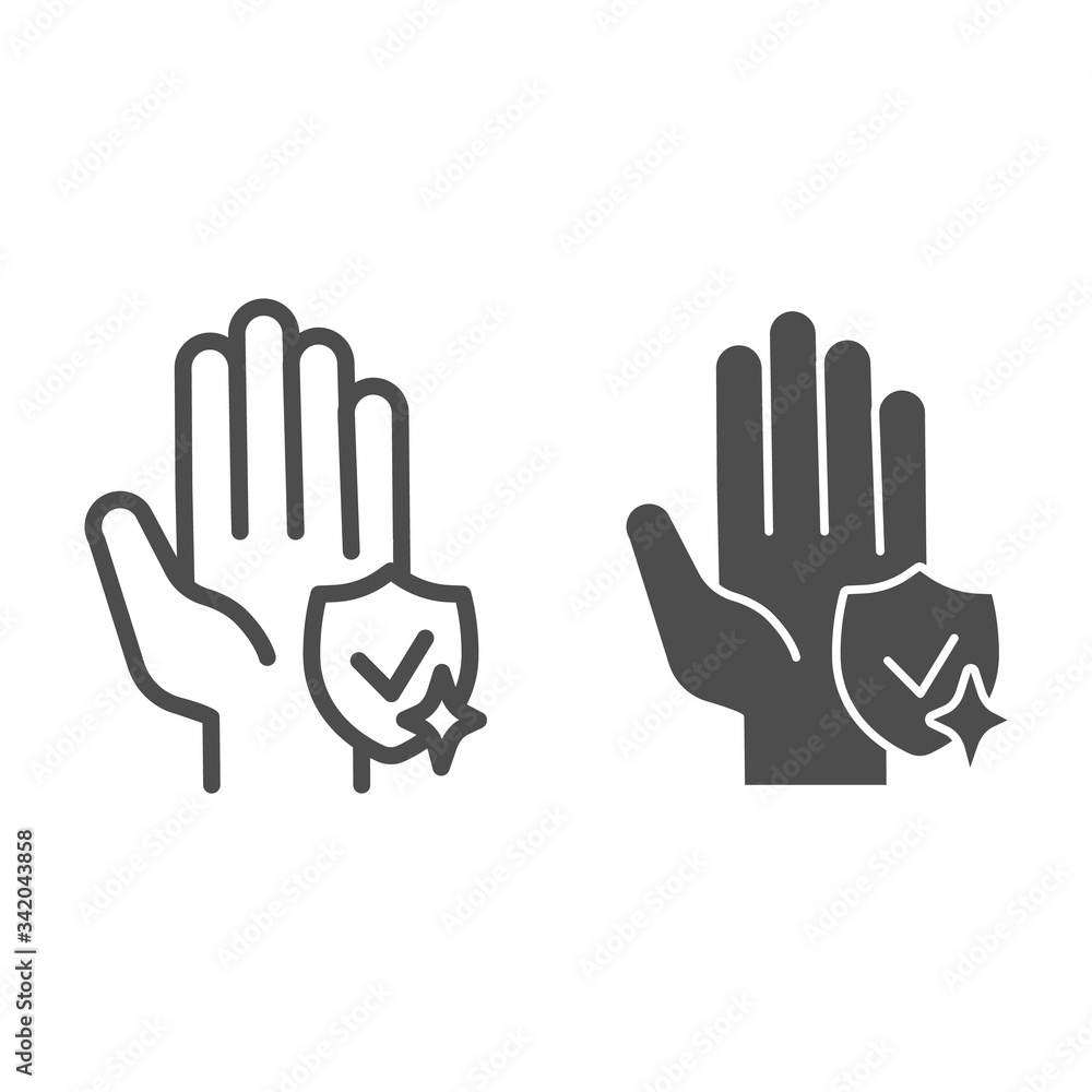 Shield with tidy hand line and solid icon. Keep hands clean symbol ...