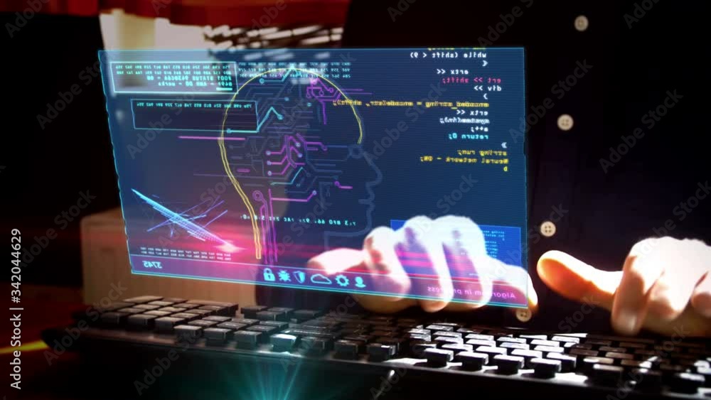 Artificial intelligence. Camera moves around hud display and man typing ...