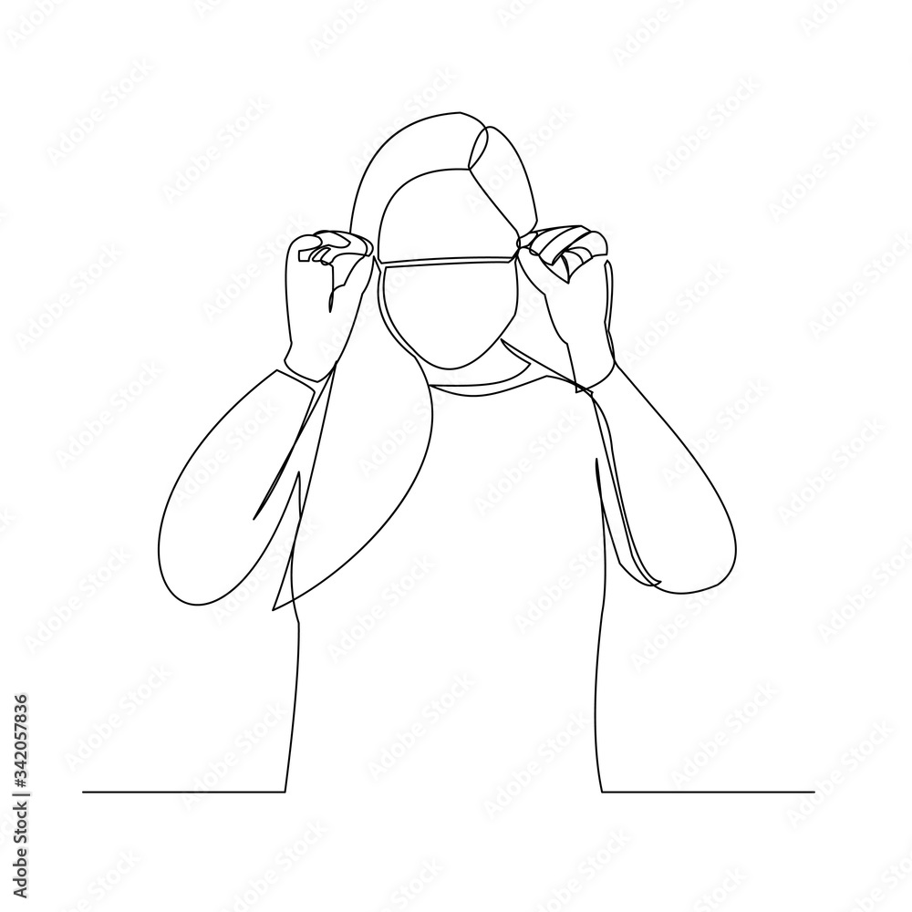 continuous line drawing of women wearing surgical mask to protect ...