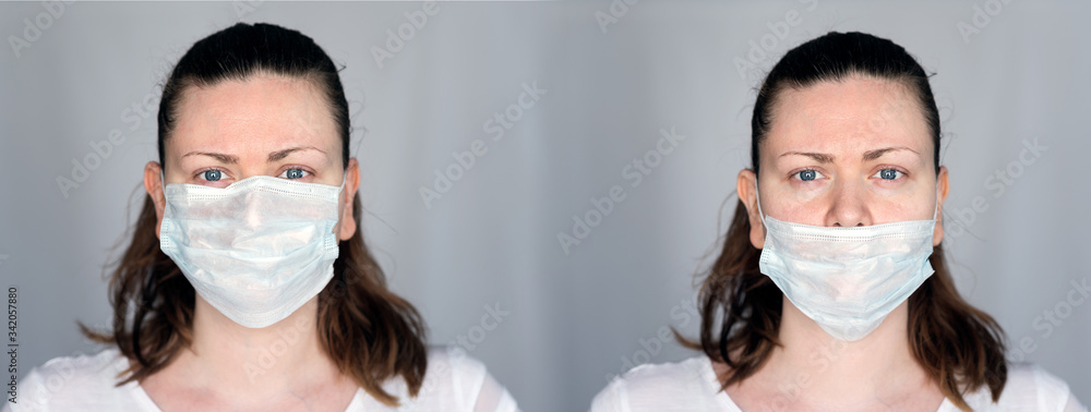 Young woman demonstrates the right and wrong way to wear a mask to ...