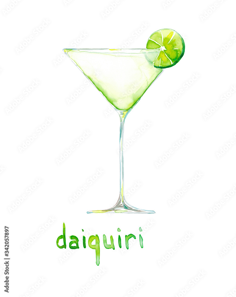Watercolor hand drawn sketch illustration of Daiquiri cocktail with ...