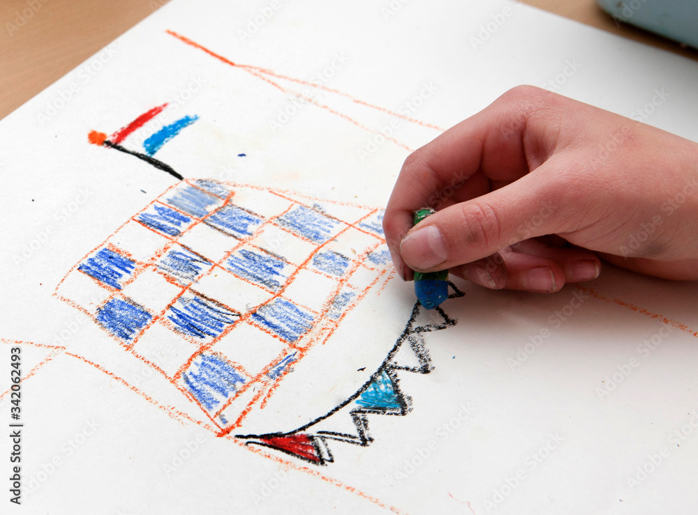 Children hand drawing a drawing. At school. To draw a sketch. Chalk ...