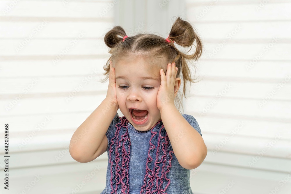 Surprised or shocked face of 4 years old pretty caucasian child girl ...