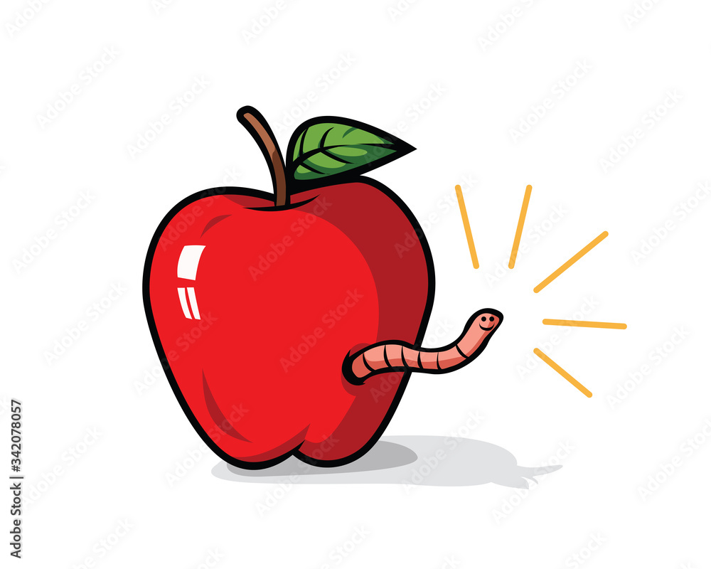 Shiny red apple with a worm coming out of it isolated on white Stock ...