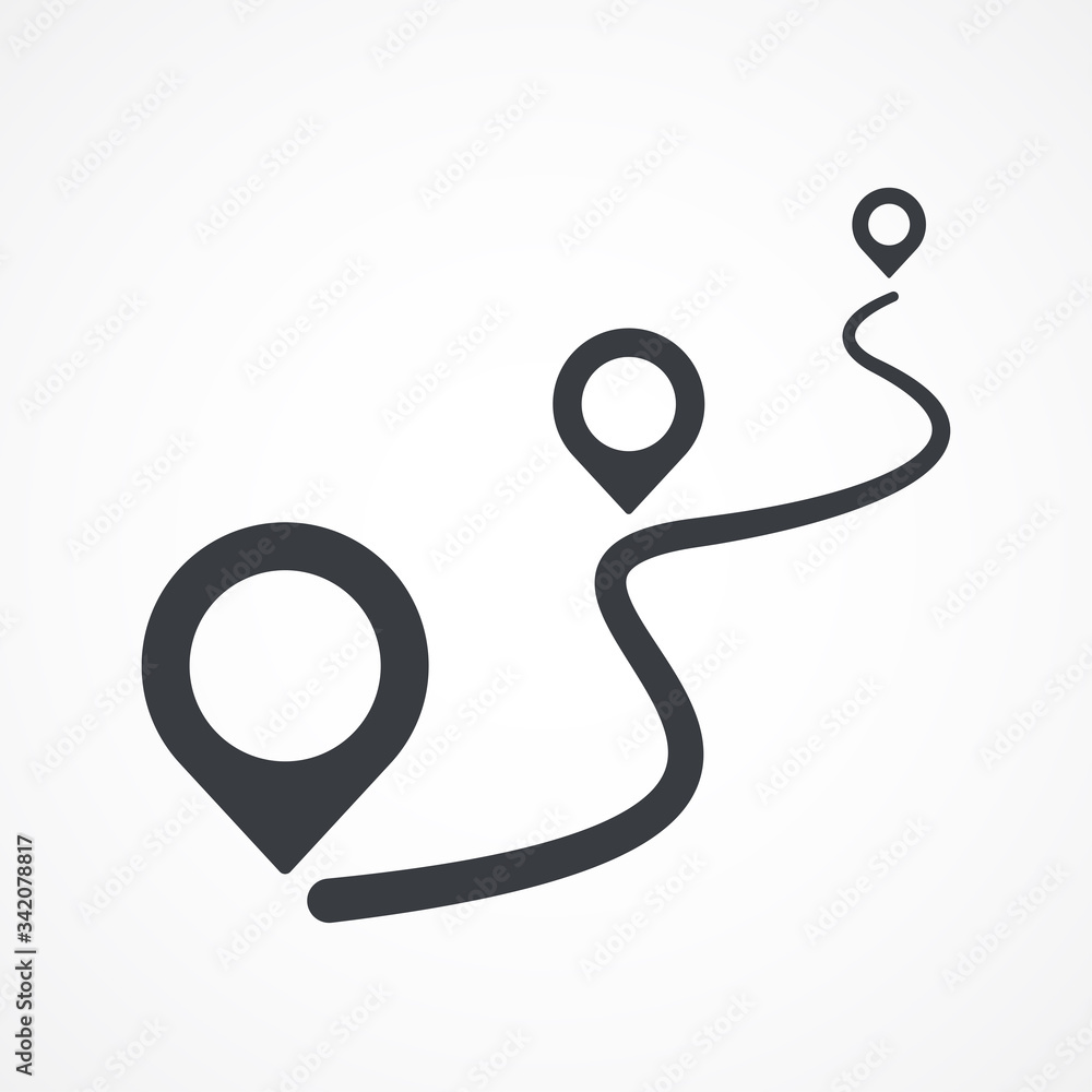 Route location icon, three map pin sign and road or path, start and end journey symbol, black ...