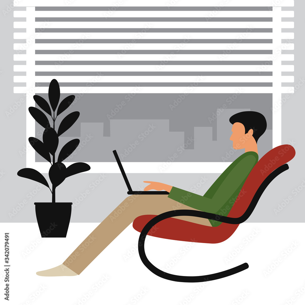 young man works at home on a laptop. laconic drawing with black accents ...