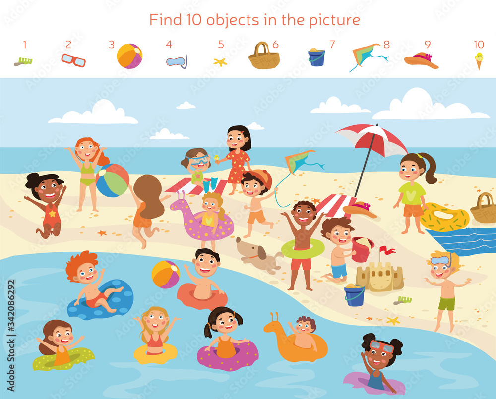 Find 10 objects in the picture. Puzzle Hidden Items. Group of kids ...