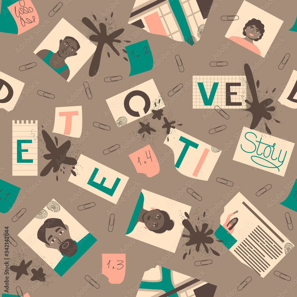 Detective investigation seamless pattern. Lettering detective story ...