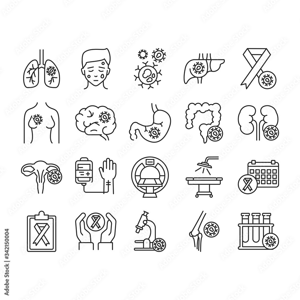 Cancer different organs line black icons set. Oncology. Medical ...