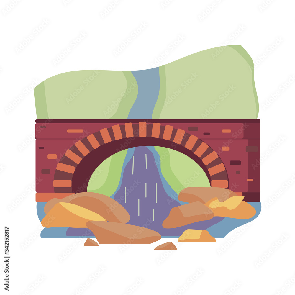 Cartoon stone dark red bridge with river, waterfall and green trees ...