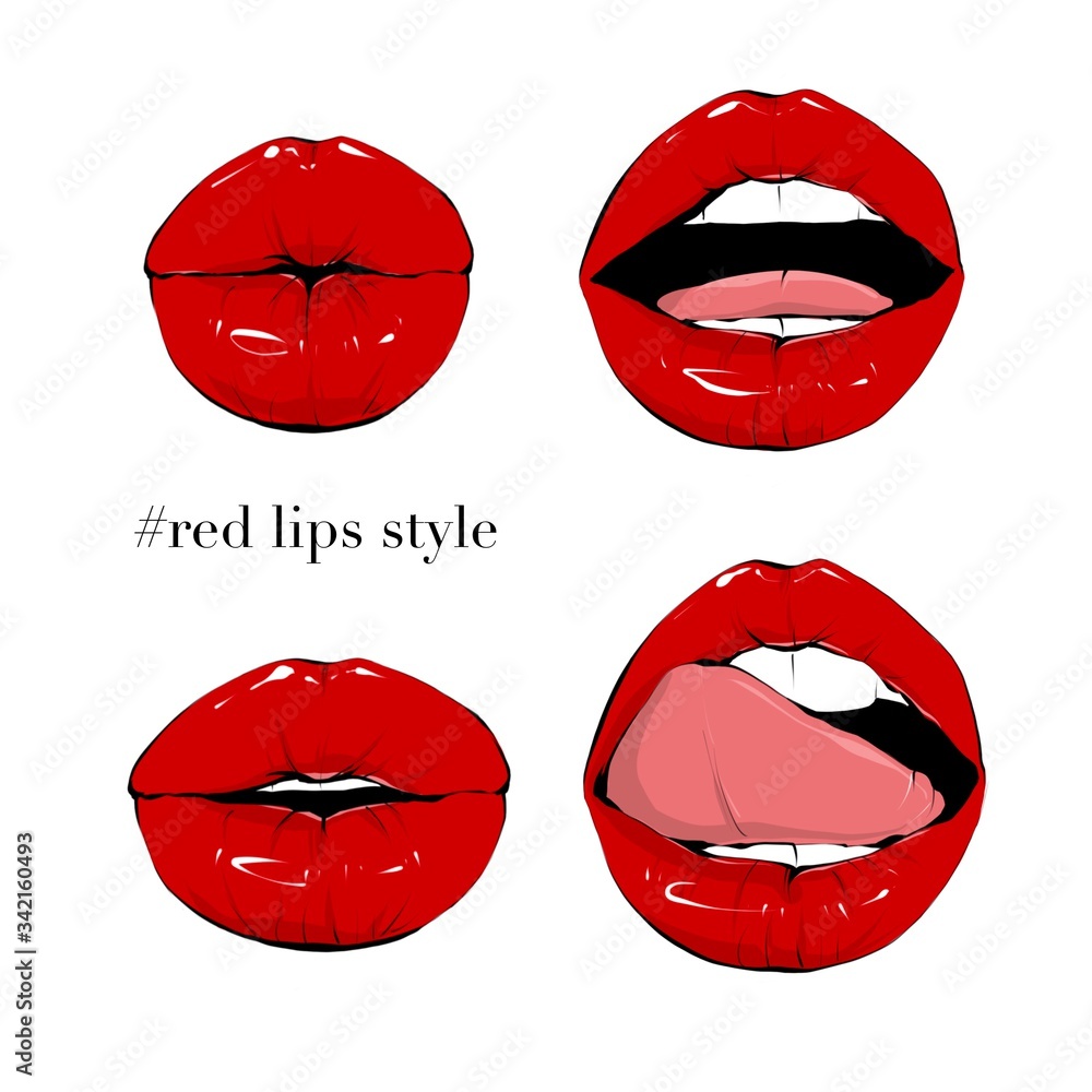 Hand Drawn Female Lips Close Up Plump Lips Red Kissing Lips Woman Mouth With Tongue Stock