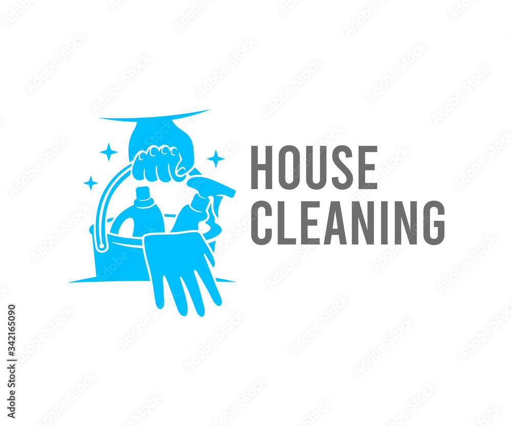 Cleaning, hand holds a bucket of cleaners and detergents, logo design ...