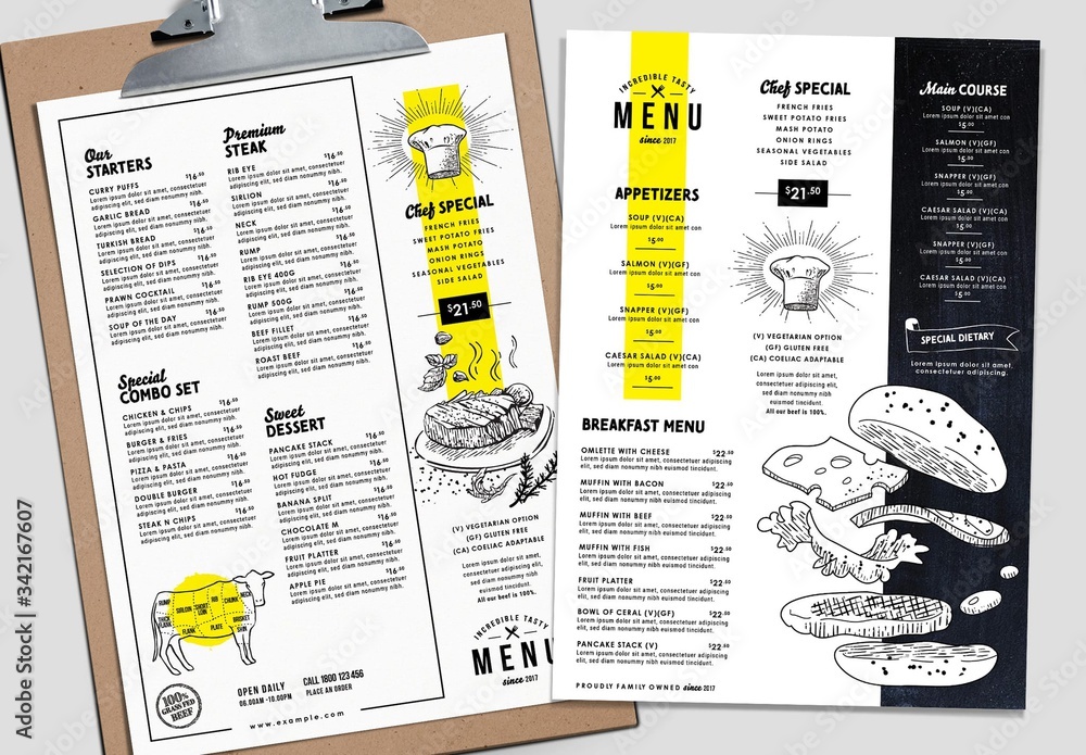 Rustic Menu Layout with Food Illustrations Stock Template | Adobe Stock